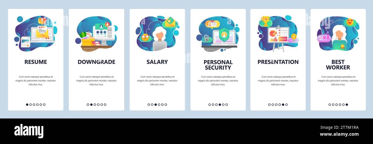 Mobile app onboarding screens. Resume and job offer, best employee ...