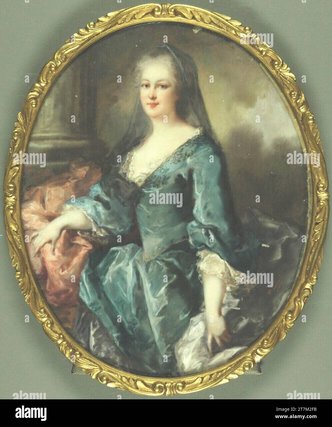 H. P. Laurent Lady in a blue dress, standing in front of a pillar ...