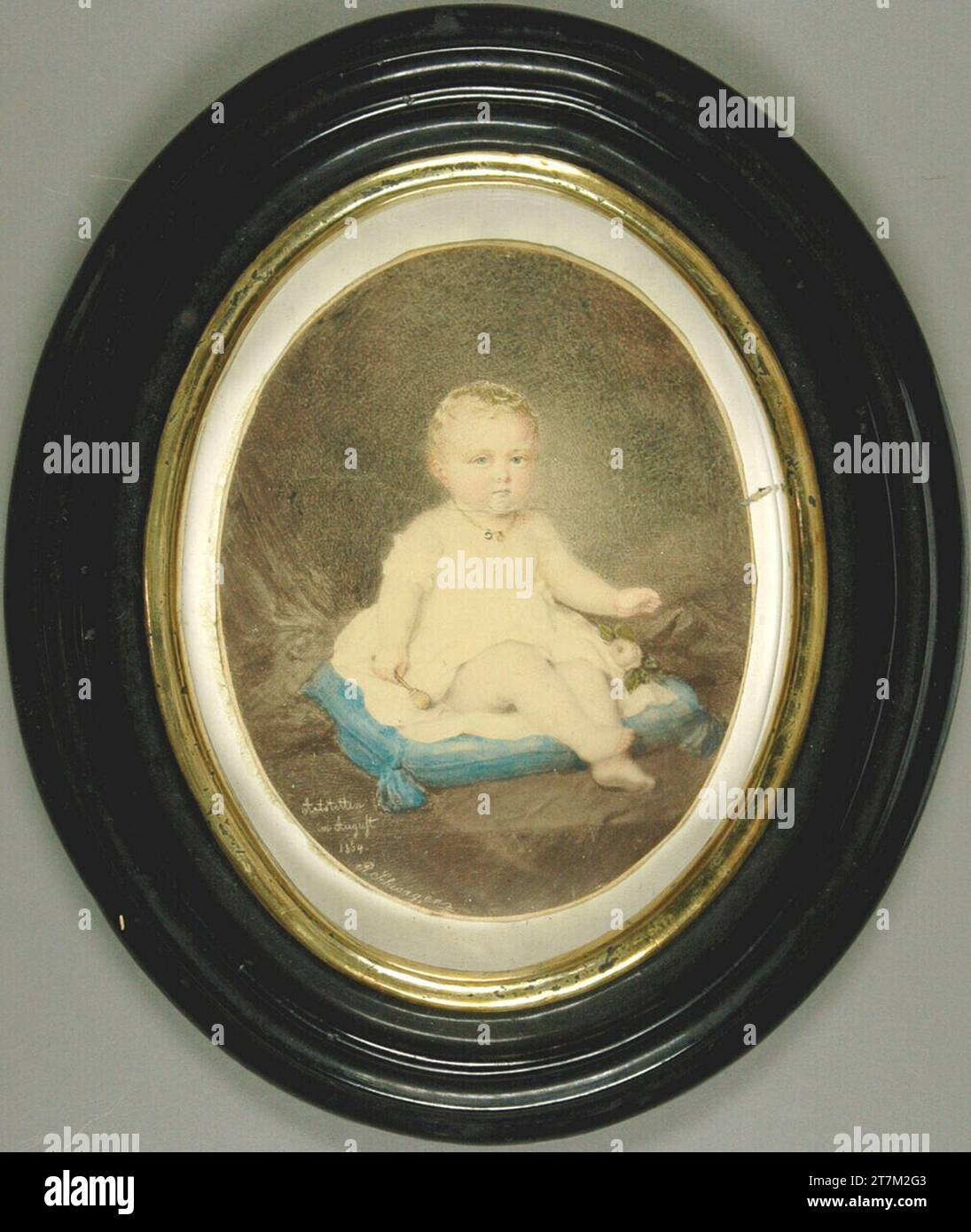 Richard Schwager Little child in a shirt, on a blue cushion. Watercolor ...