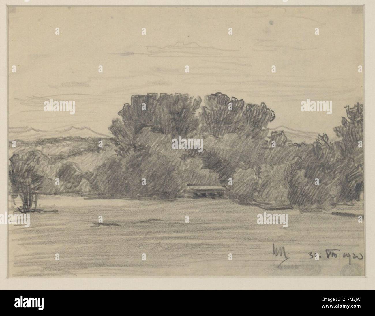 Hermann Heller Motif from Margaregger Park: Weiden on a bank. Pencil ...