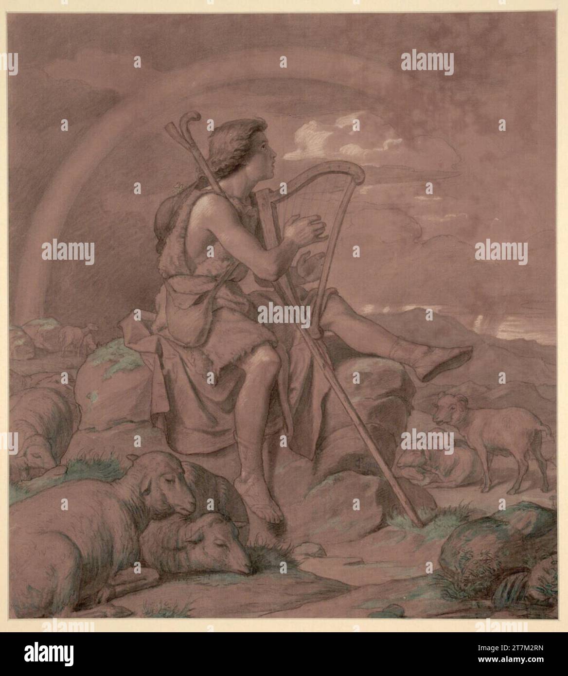 Marie Anna Fischer Harps playing shepherd's boy (David). Chalk, brush ...