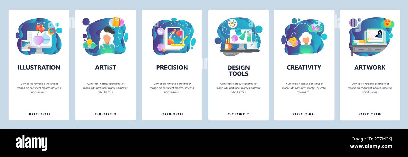 Mobile app onboarding screens. Art work, creativiry and digital ...