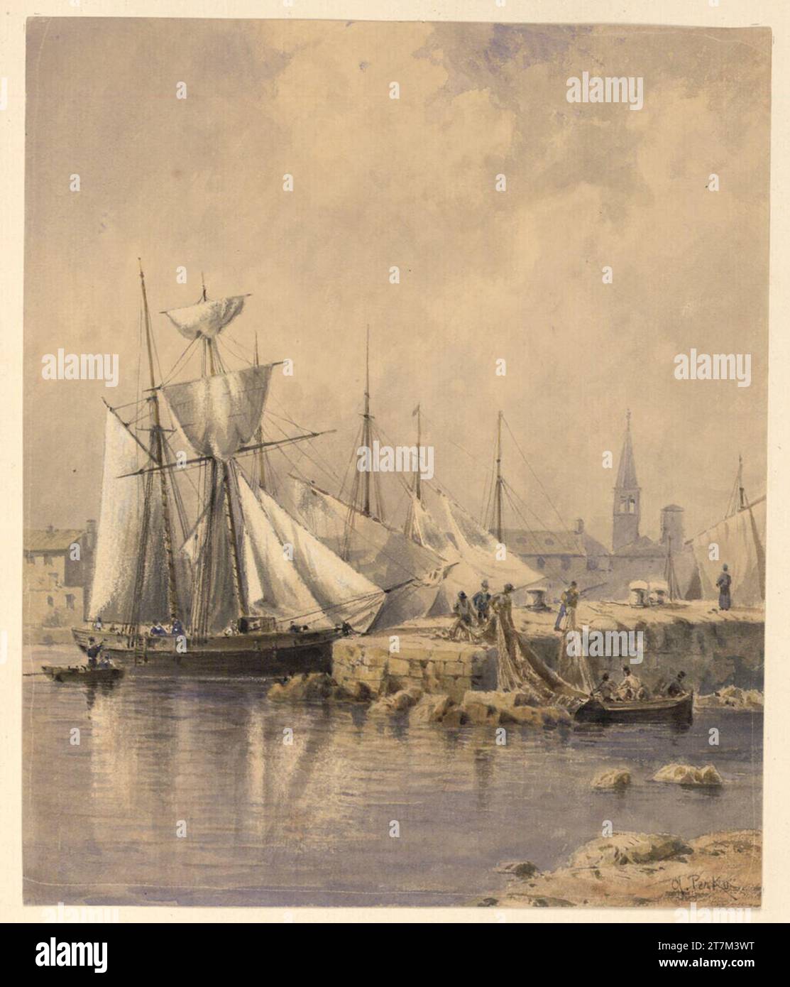 Anton Perko Port with sailing ships. Watercolor, deck white Stock Photo ...