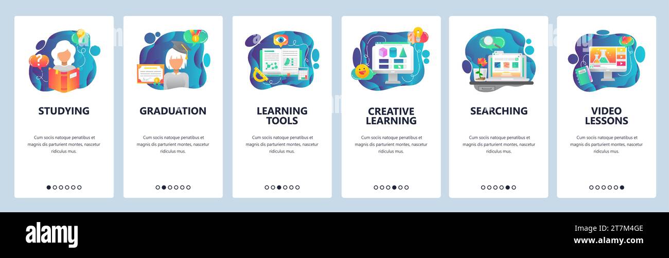 Mobile app onboarding screens. Studying, reading book, learning online ...