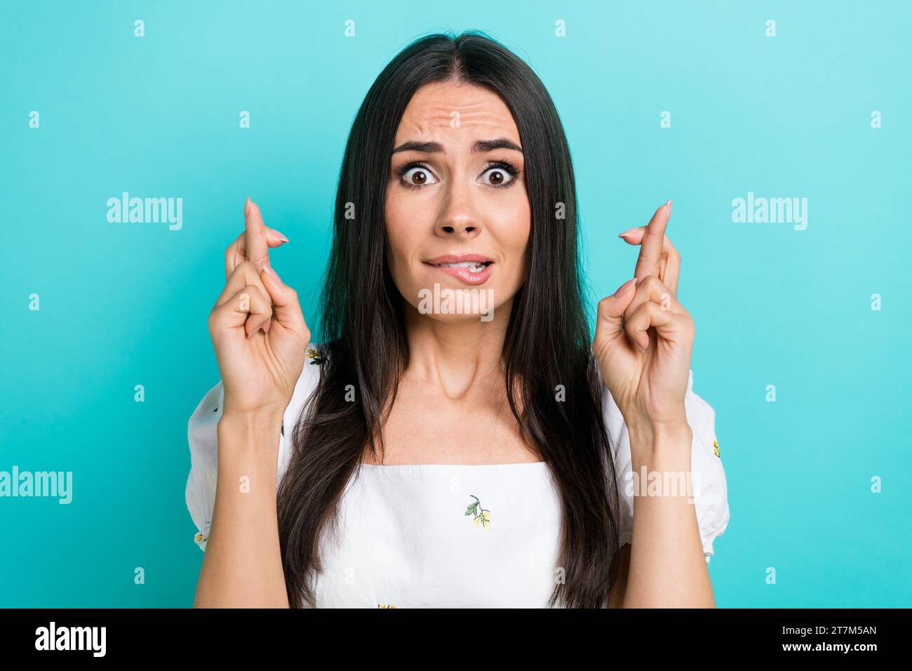 Photo of scared nervous lady wear white blouse biting lip fingers ...