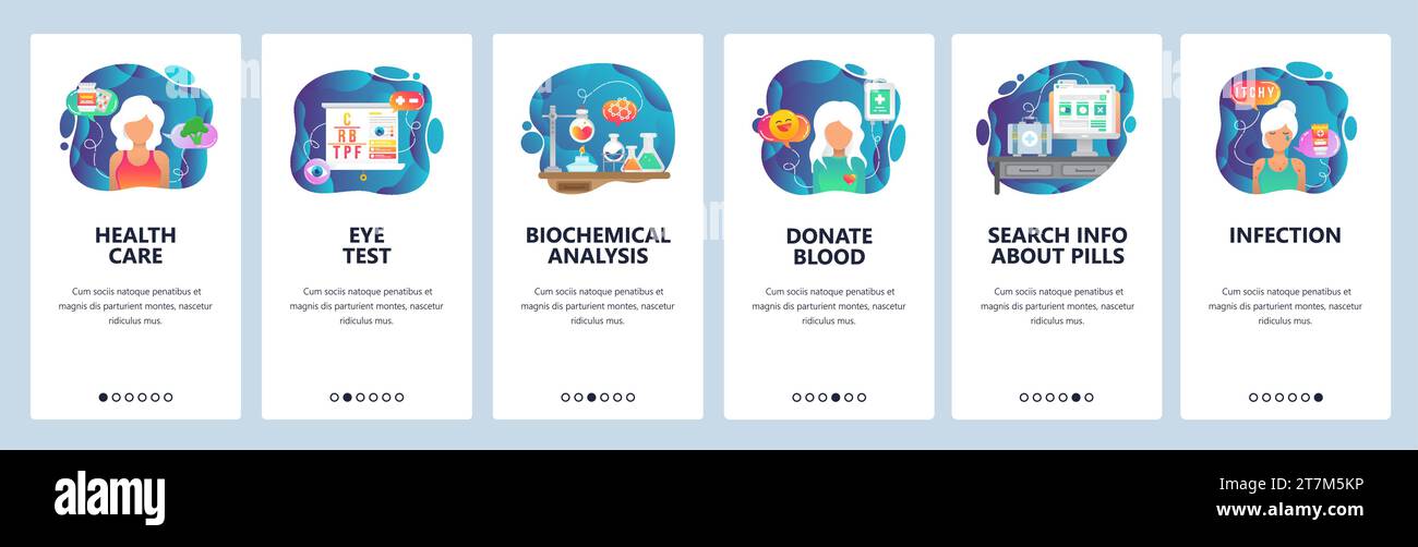 Mobile app onboarding screens. Healthcare, sickness, lab and blood test ...