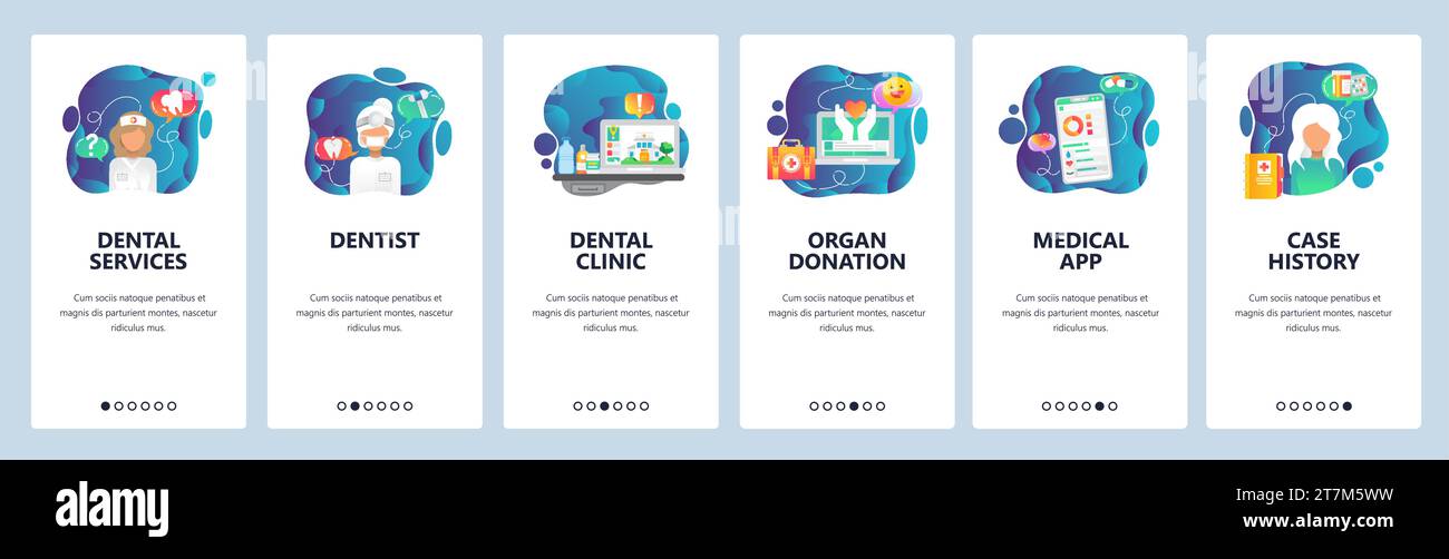 Mobile app onboarding screens. Dental clinic, doctor and nurse, organ ...