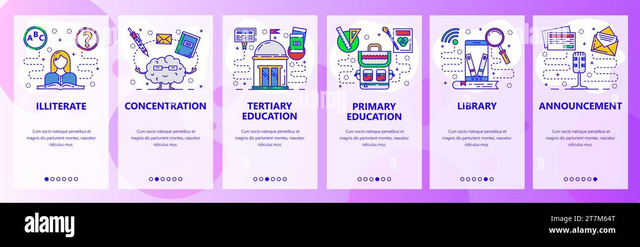 Mobile app onboarding screens. Education system, digital library in phone, illiterate. Menu ...