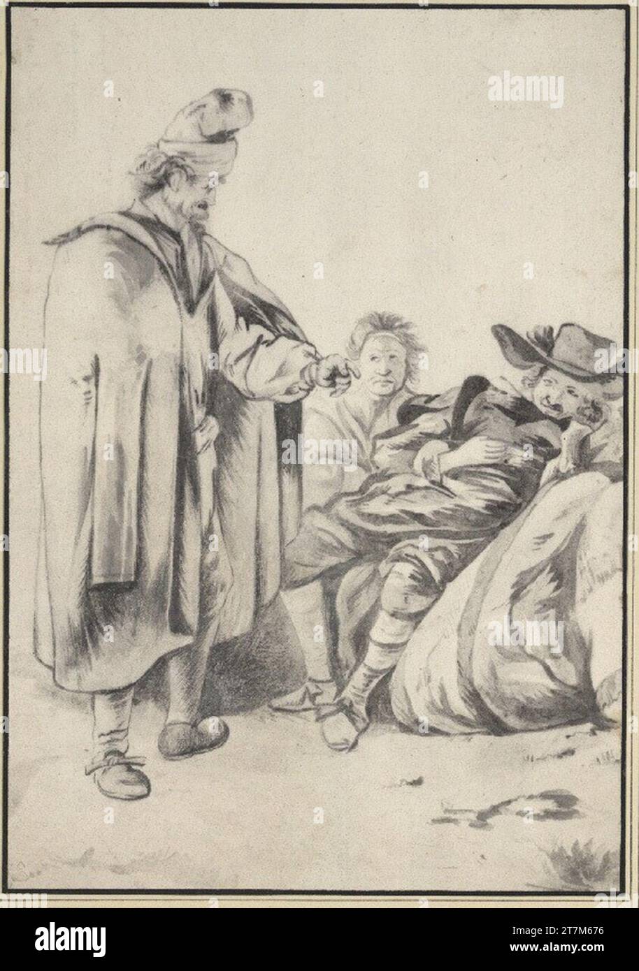 Johannes Lingelbach Three men in conversation. Black coal, brush in ...