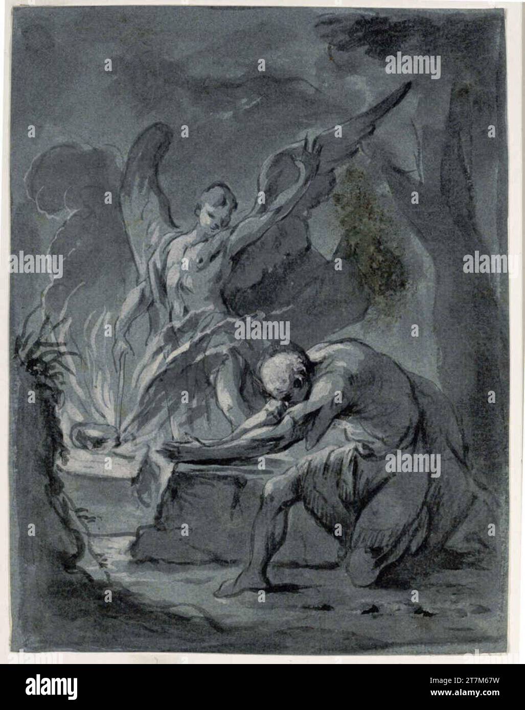 Anonym Angel appears to a kneeling prayer. Tusch brush drawing, lavier ...