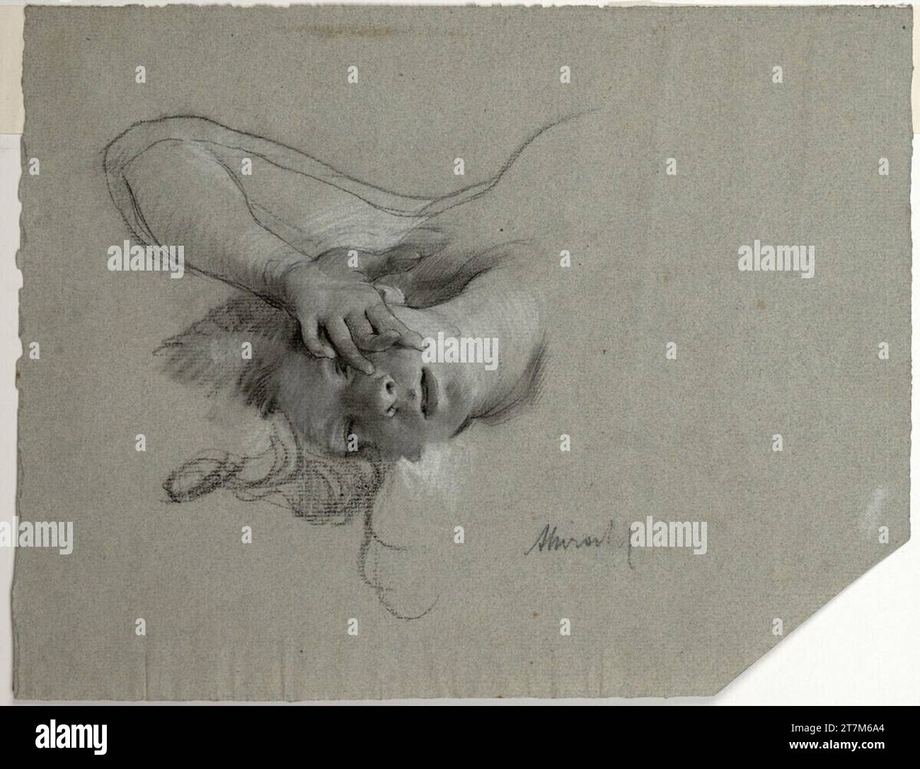 Adolf Hirémy-Hirschl Head and left -wing arm of a lying woman. Black ...