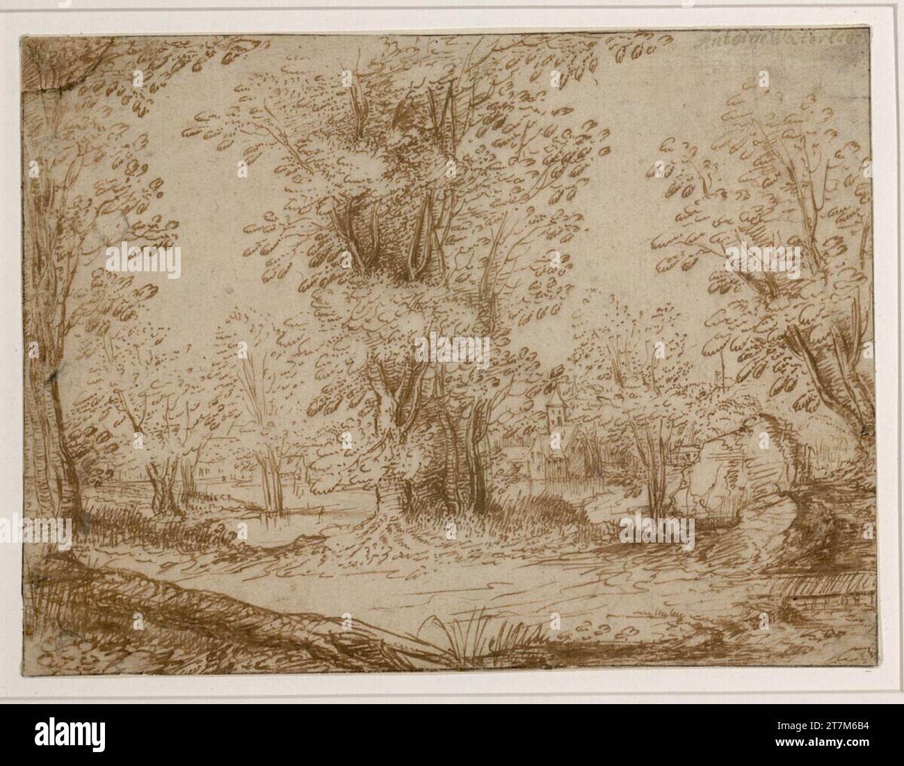 Anonym Wide tree landscape with path and houses on a pond. Feder in ...