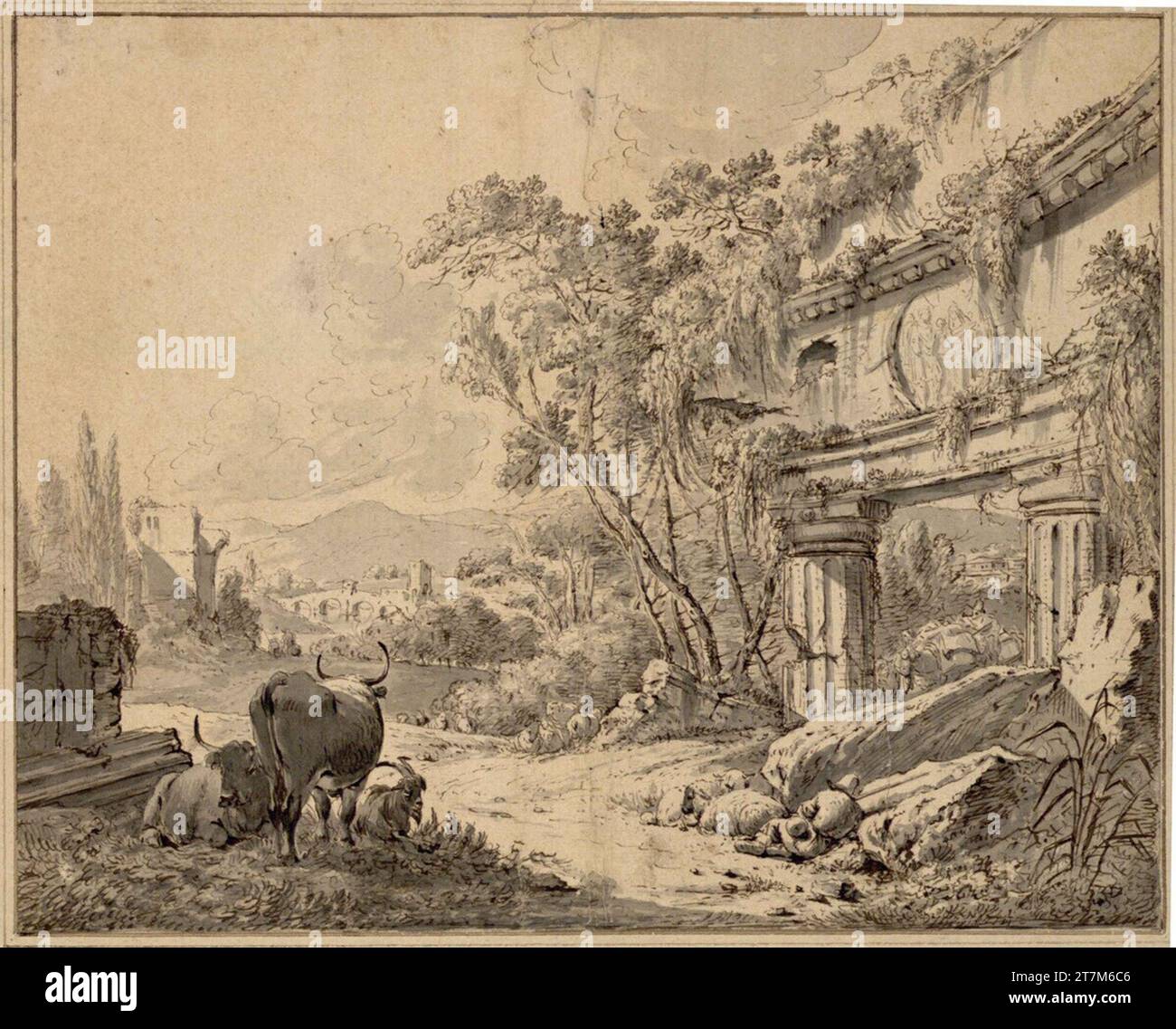 Johann Heinrich Roos Italian river landscape with temple ruins ...