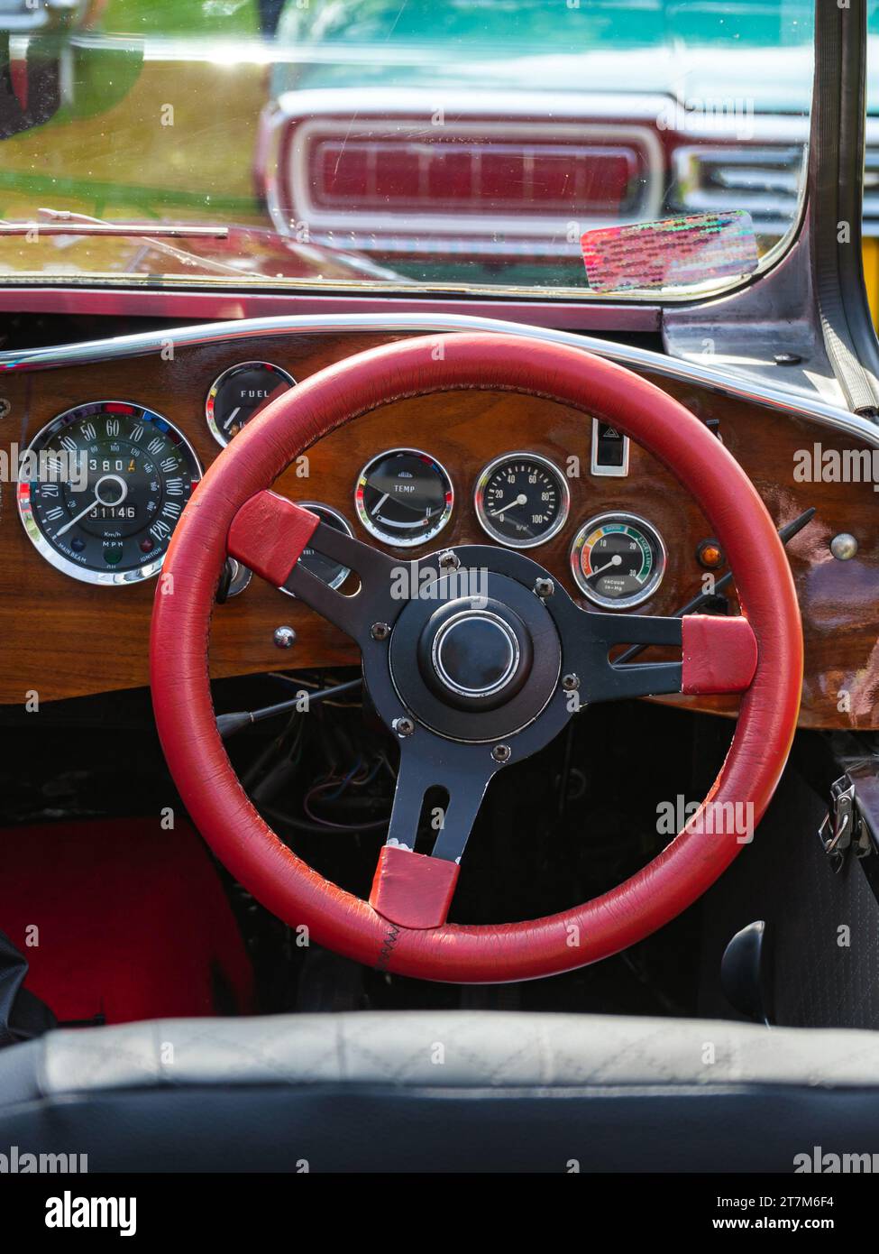 retro car dashboard interior. View of the steering wheel and dashboard ...