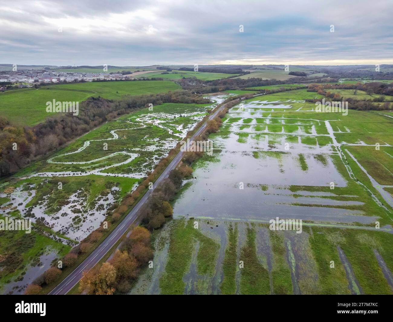 Dorchester, Dorset, UK. 16th November 2023. UK Weather. Flooded fields ...