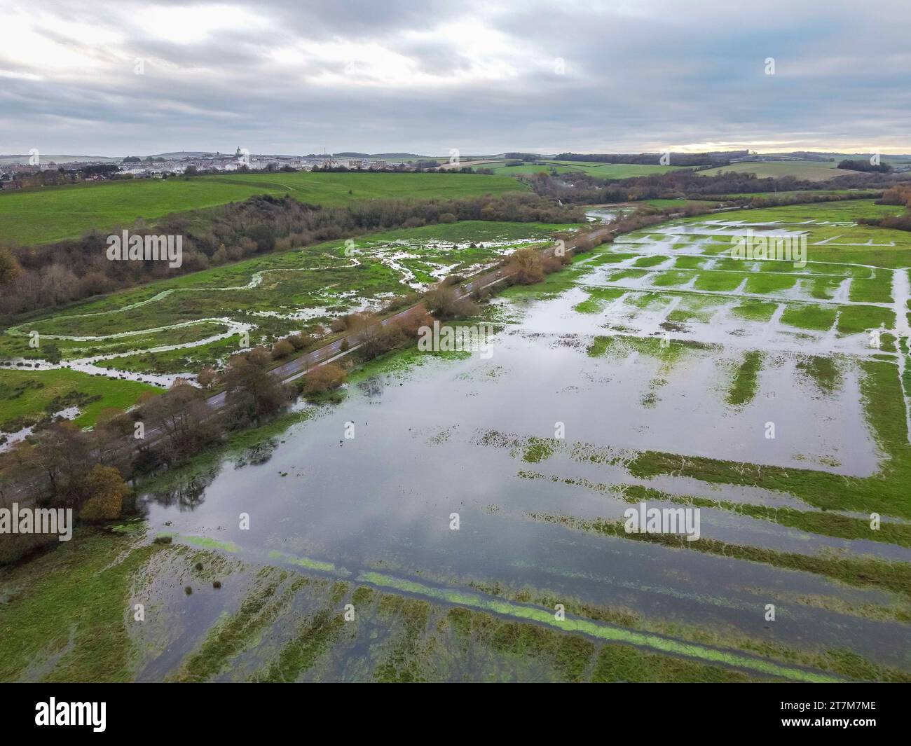 Dorchester, Dorset, UK. 16th November 2023. UK Weather. Flooded fields ...