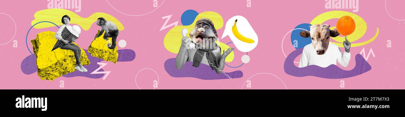 Collage multiple panorama collage people monkey mask and cow disguise ...