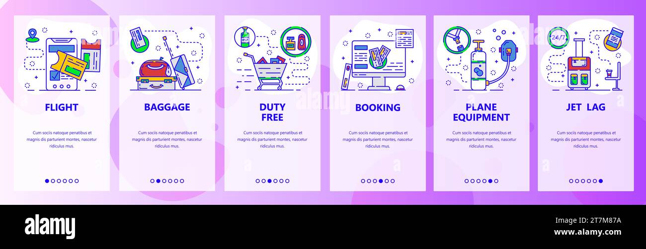 Mobile app onboarding screens. Travel by plane, booking flight tickets ...