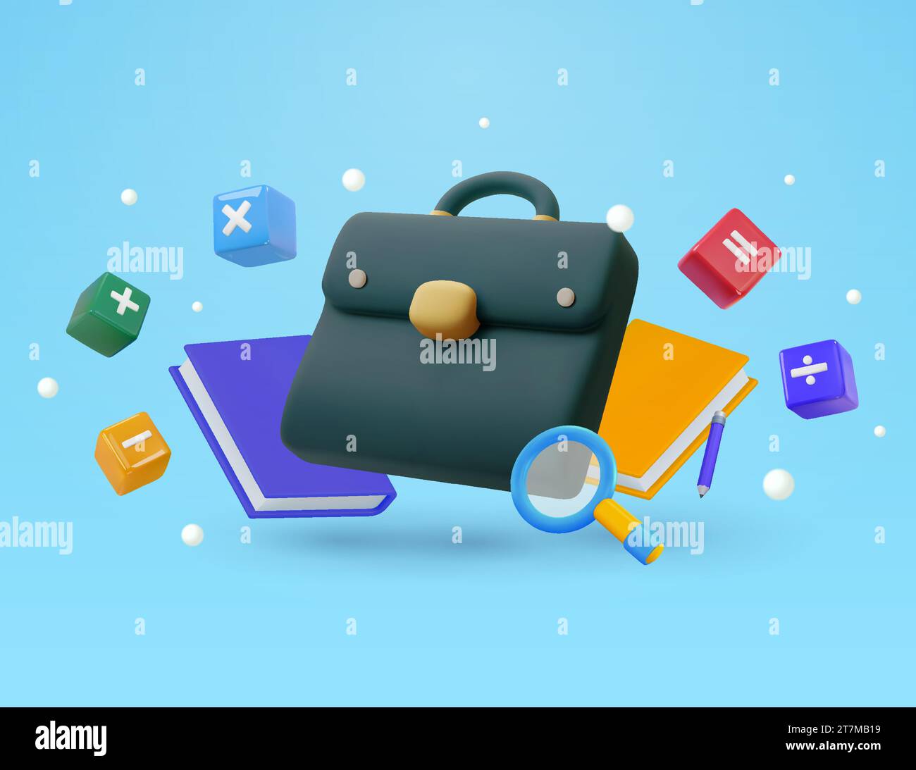 3d primary Math teaching concept with briefcase, notebook, basic math ...