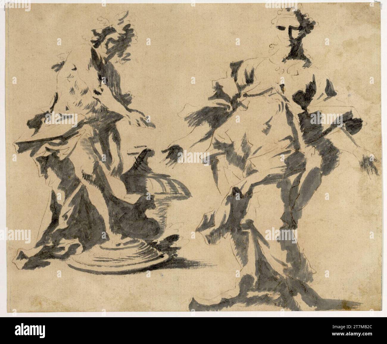 Sebastiano Galeotti Two standing figures. Feather; Paint brush; gray ...