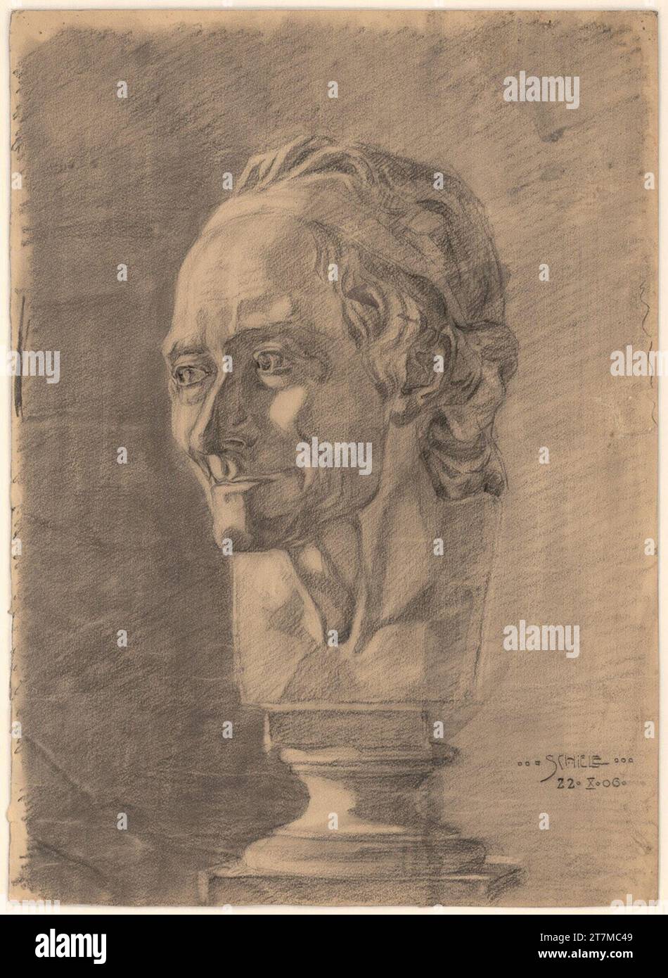 Egon Schiele Bust of the Voltaire. Black chalk, wiped, on drawing paper ...