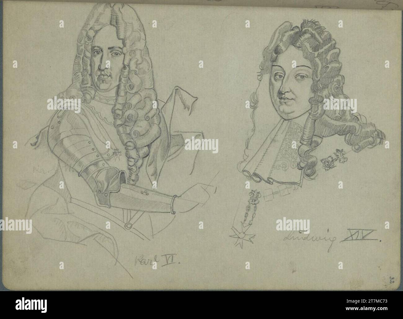 Franz Wacik Portraits of Charles VI. and Louis XIV .. Pencil 1915 ...