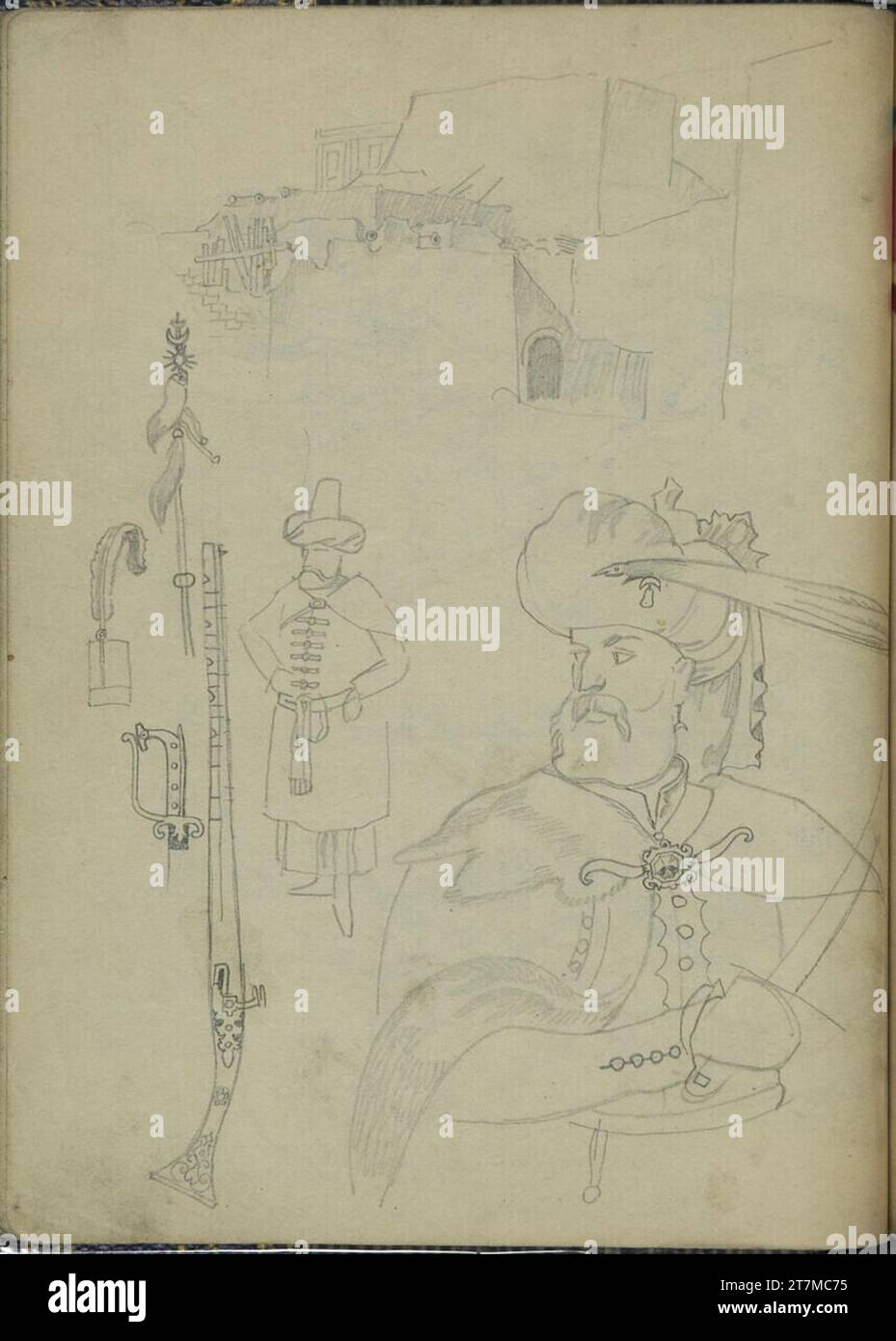 Franz Wacik Architecture sketch; Grob and fine sketch of two Ottomans ...
