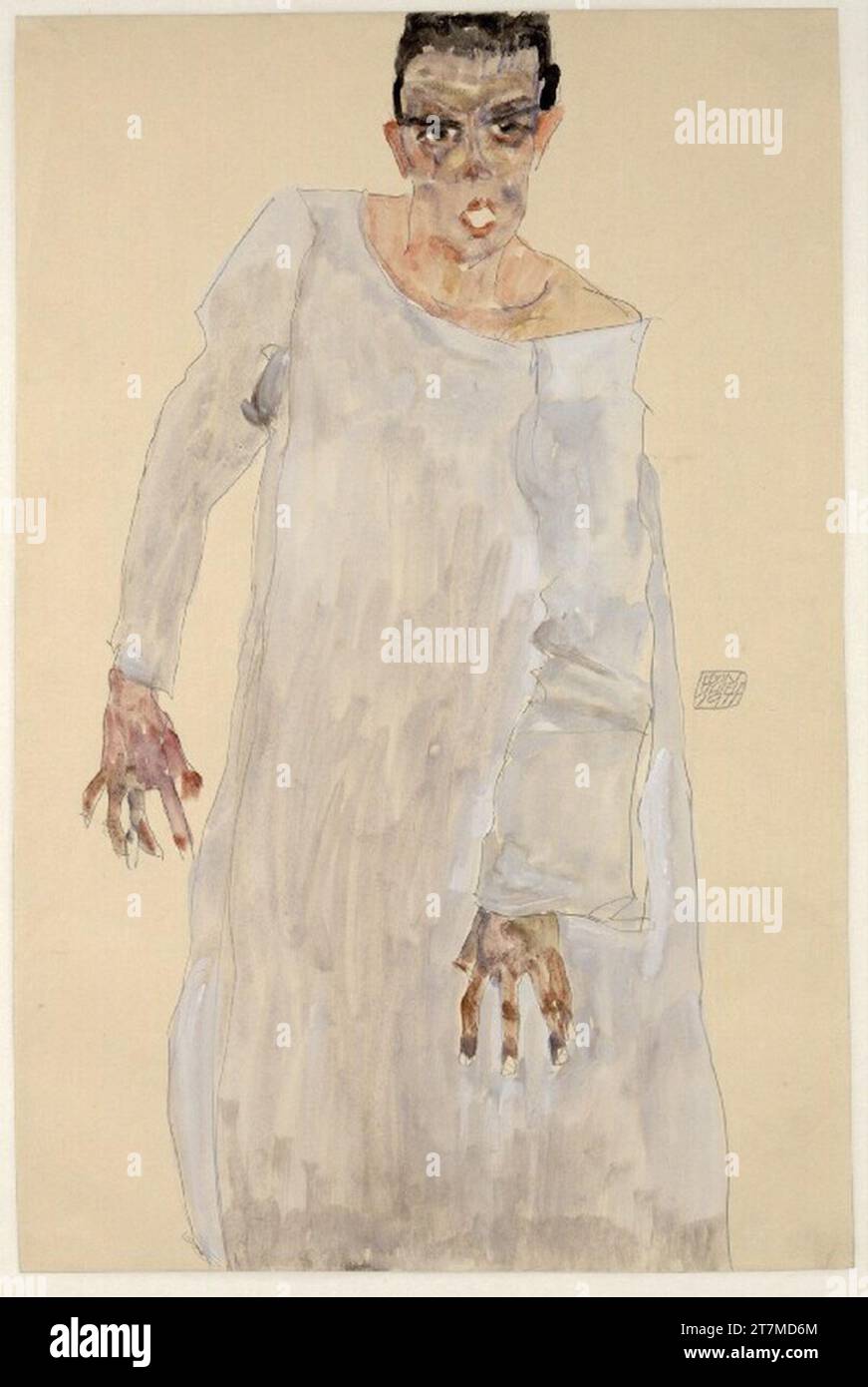 Egon Schiele Self -portrait in white robe. Pencil, watercolor, deck ...