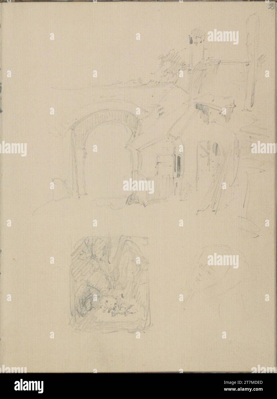 Josef Danhauser Architecture study; Sketch of a girl's head; Small composition study with dogs ...