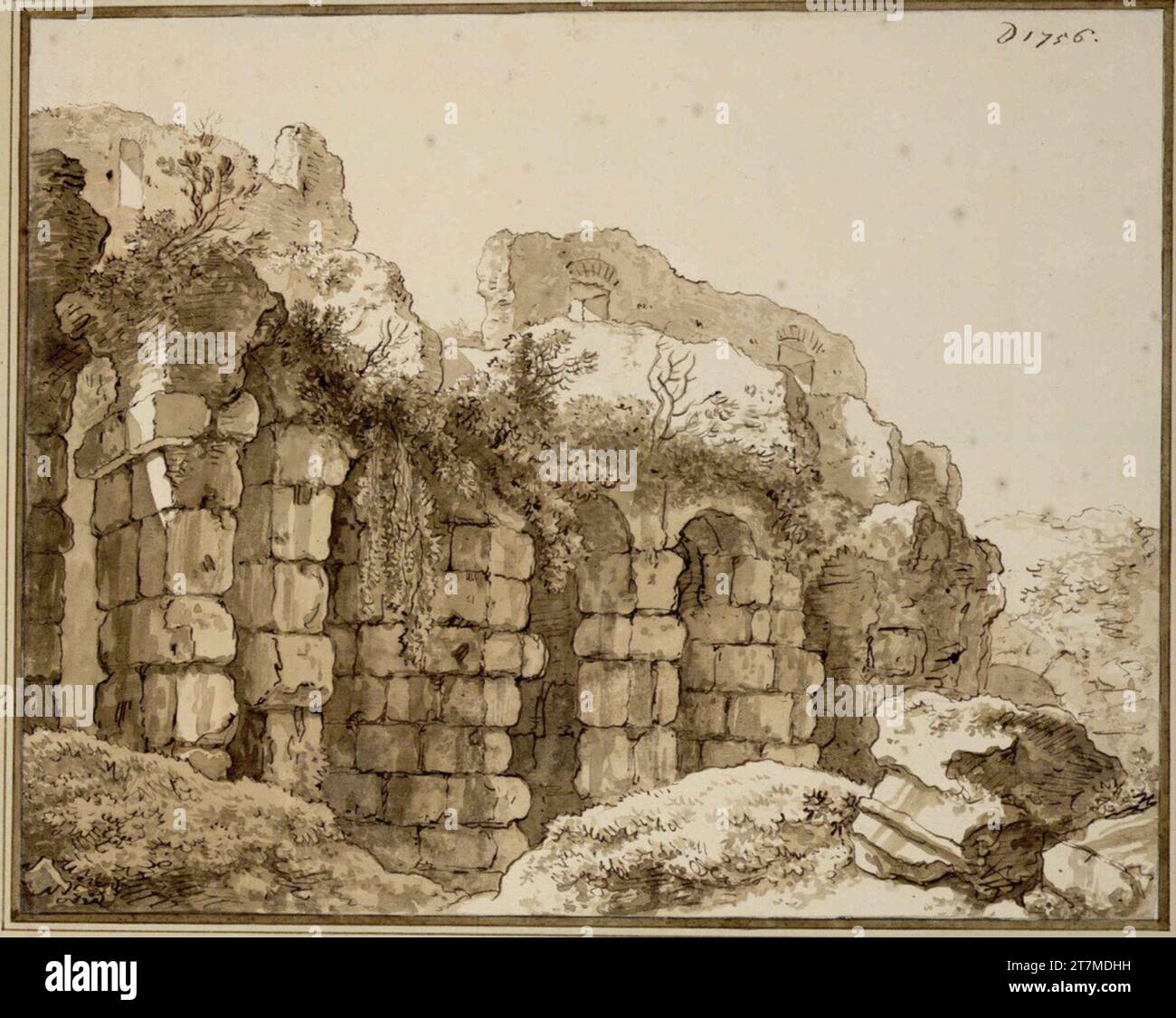 Christian Wilhelm Ernst Dietrich Roman ruin. Feder in brown, laved 1756 ...