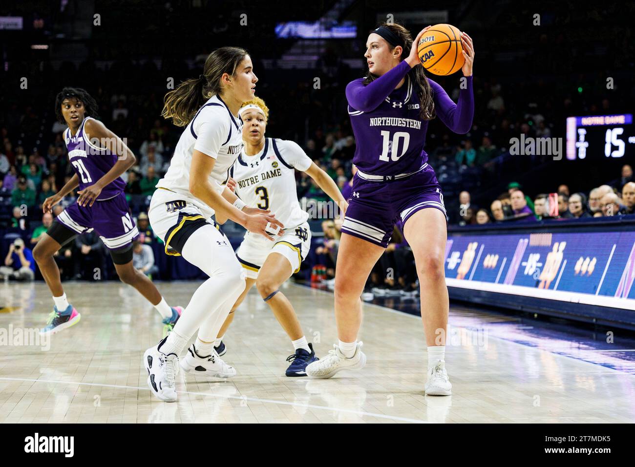 South Bend, Indiana, USA. 15th Nov, 2023. Northwestern forward Caileigh Walsh (10) looks to pass ...