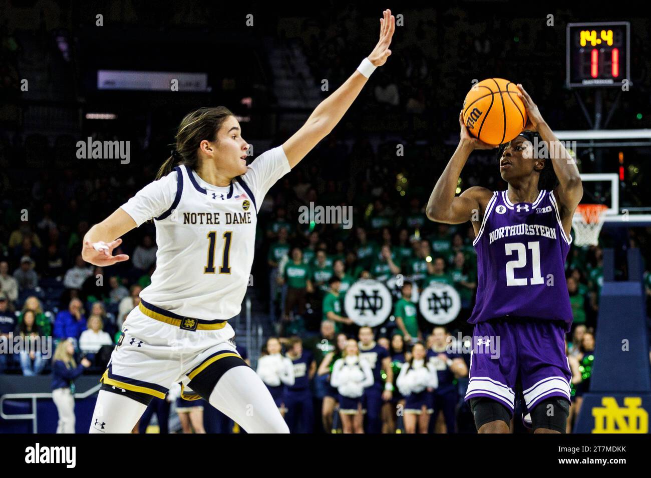 South Bend, Indiana, USA. 15th Nov, 2023. Northwestern guard Melannie Daley (21) shoots the ball ...