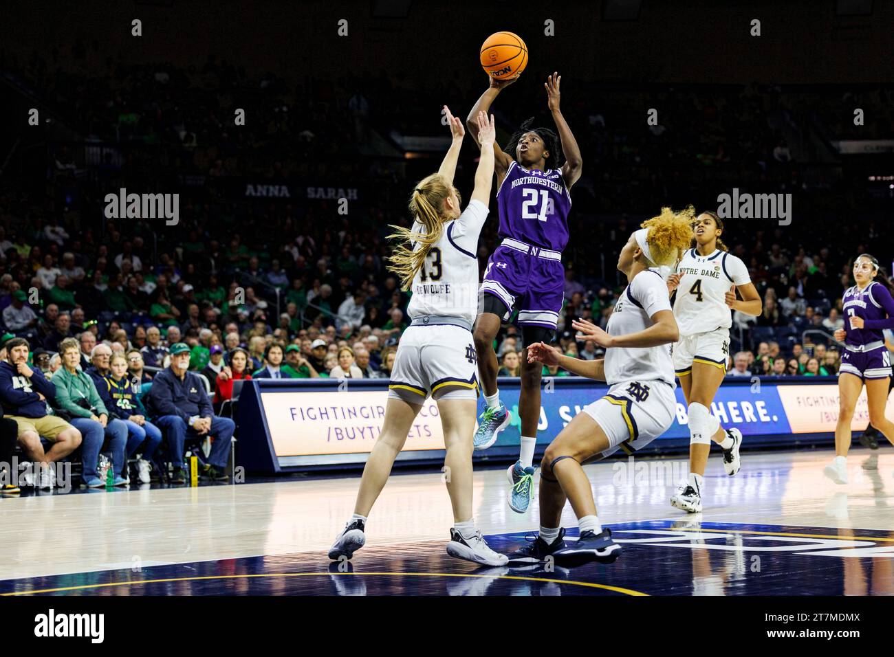 South Bend, Indiana, USA. 15th Nov, 2023. Northwestern guard Melannie Daley (21) goes up for a ...