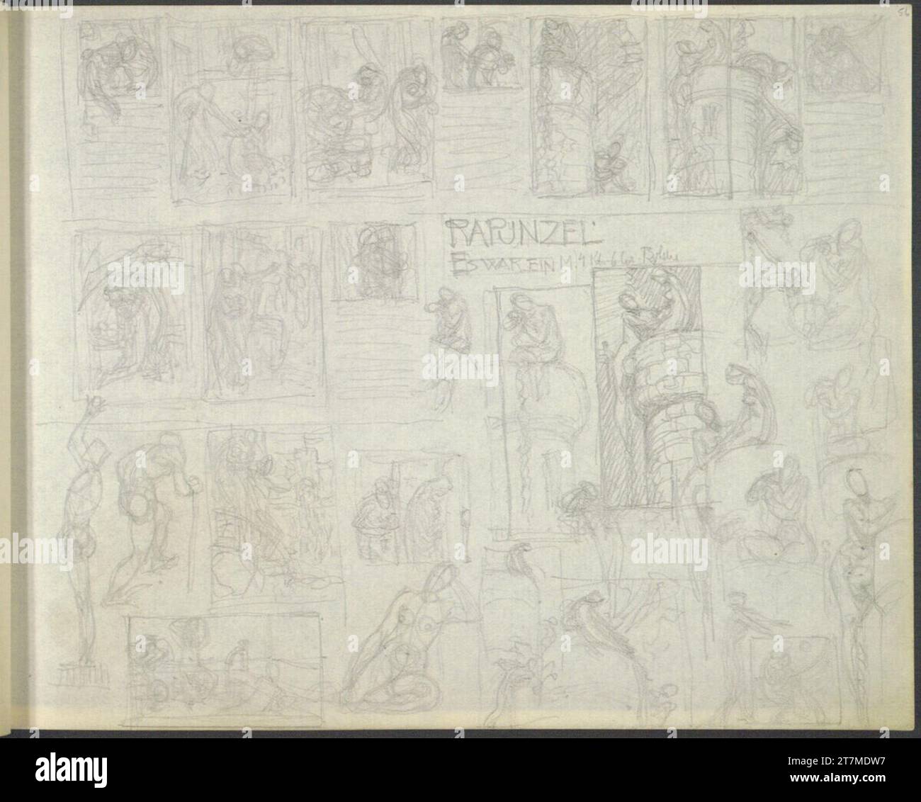 Alexander Rothaug Different sketches; "Rapunzel". Pencil around 1930 ...