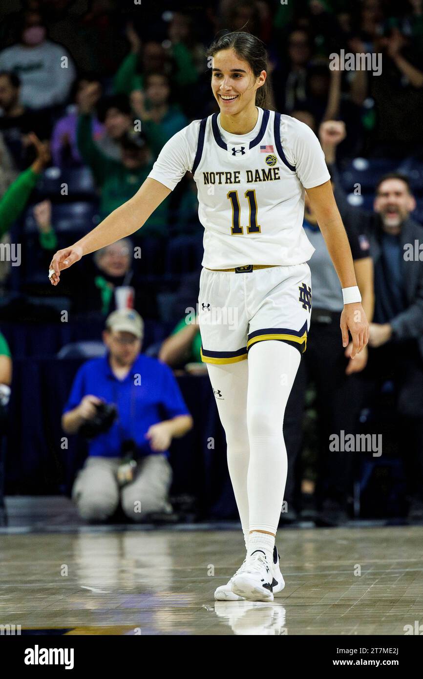 South Bend, Indiana, USA. 15th Nov, 2023. Notre Dame guard Sonia Citron (11) reacts to making a ...