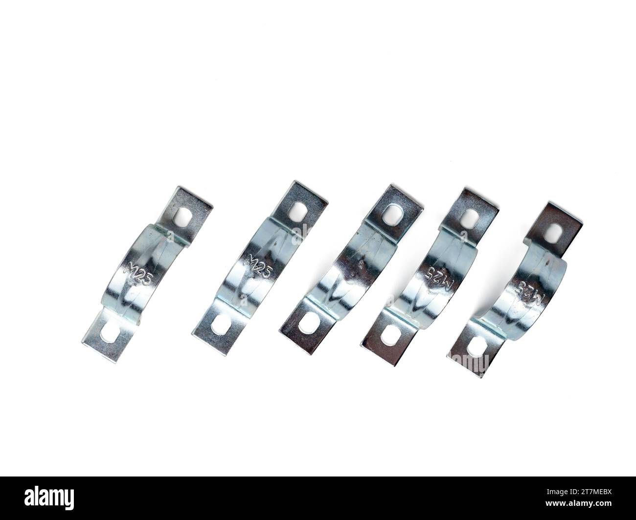 Fastenings for small pipes on a white background. Clamps for fixing ...