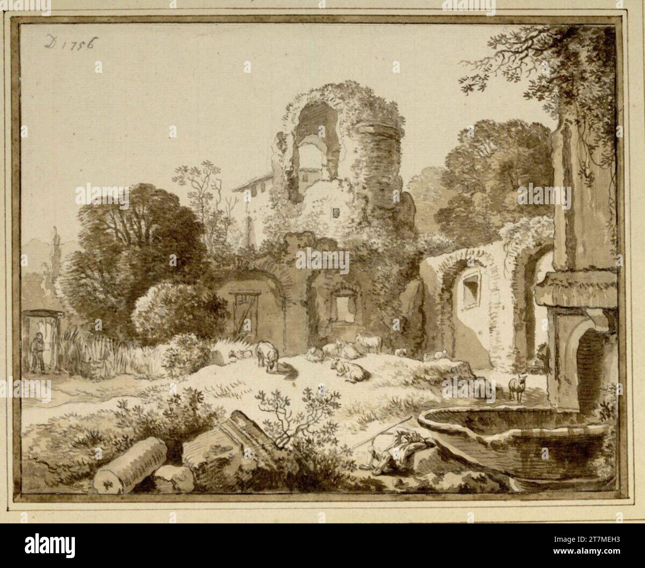 Christian Wilhelm Ernst Dietrich Roman ruin. Stone chalk, brush in ...