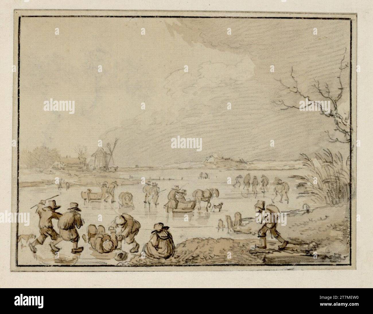 Christian Wilhelm Ernst Dietrich The ice skating. Stone chalk, brush in ...