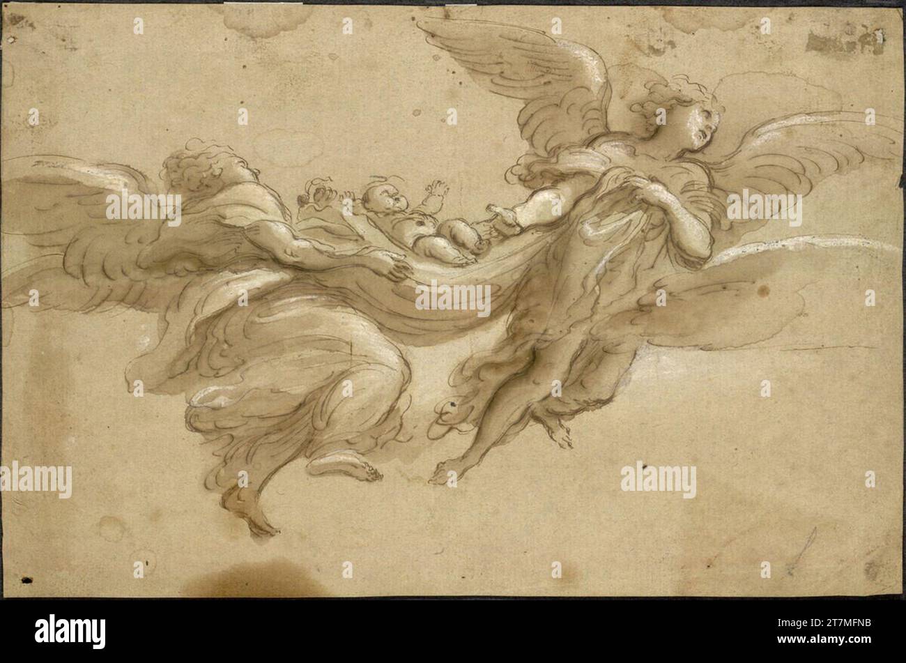 Domenico Maria Canuti Two flying angels with the child. Feather; laved ...