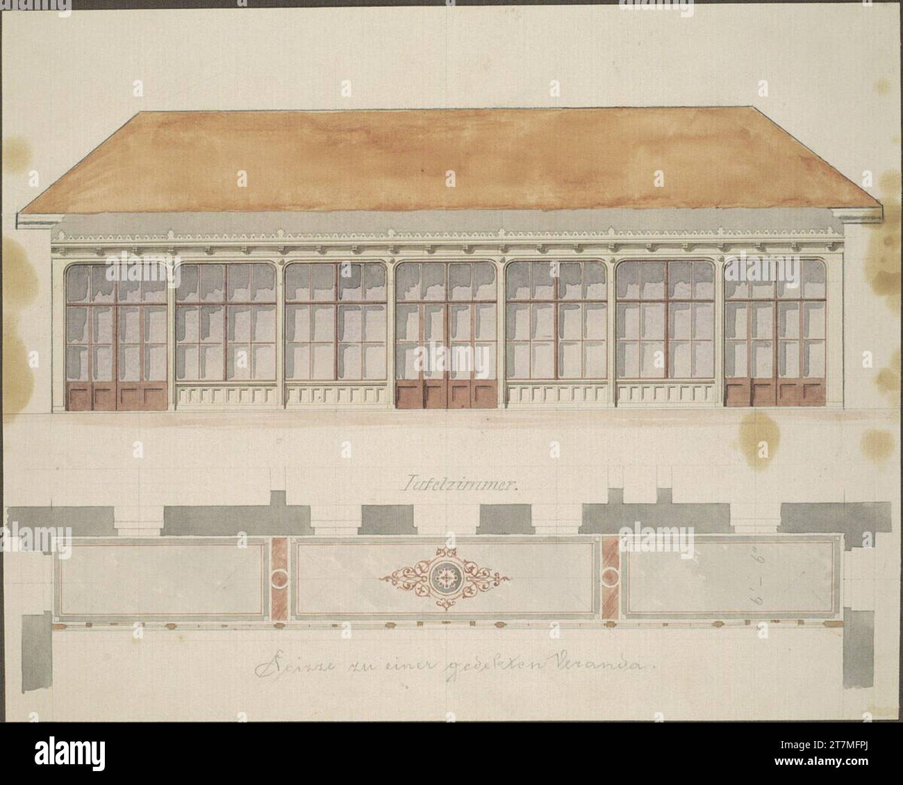 Johann Julius Romano von Ringe Design of a covered veranda. Pencil ...