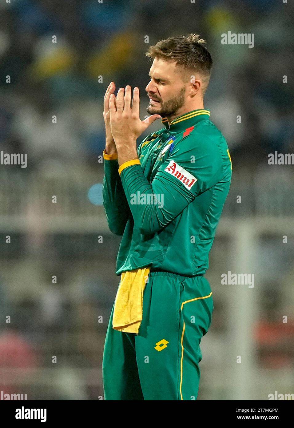 South Africa's Aiden Markram reacts after bowling a delivery during the ...