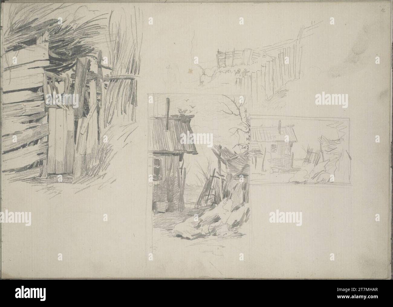 Ludwig Rösch Several image designs of a hut with a gate fence. Pencil ...