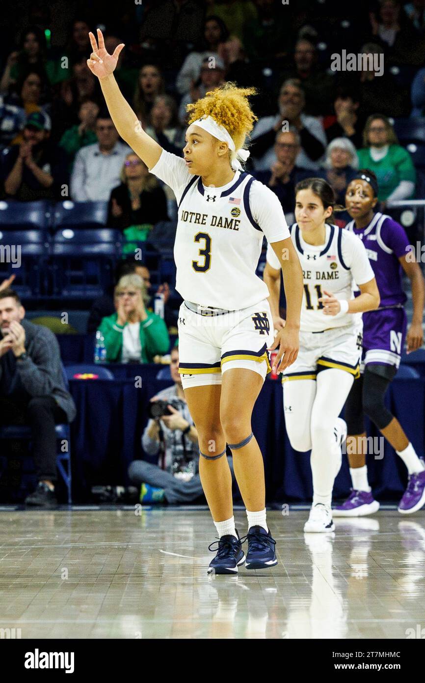 USA. 15th Nov, 2023. November 15, 2023: Notre Dame guard Hannah Hidalgo (3) holds up three ...