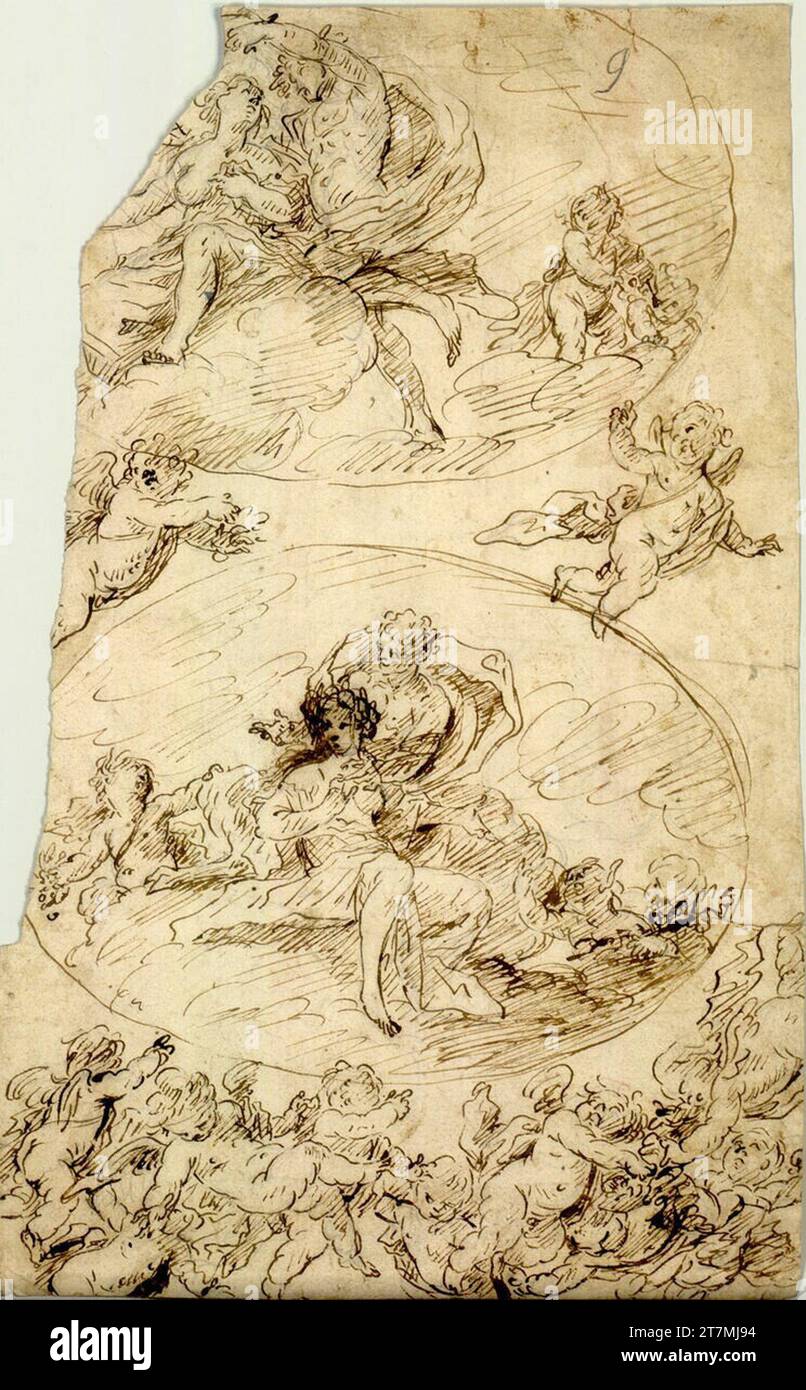 Daniel Gran Ceiling draft with oval compartments. Feather 1700-1750 ...