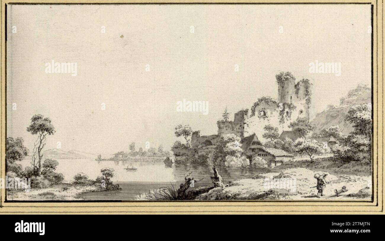 Johann Ludwig Aberli Ruin ruins on a flat lake shore. Feder in black ...