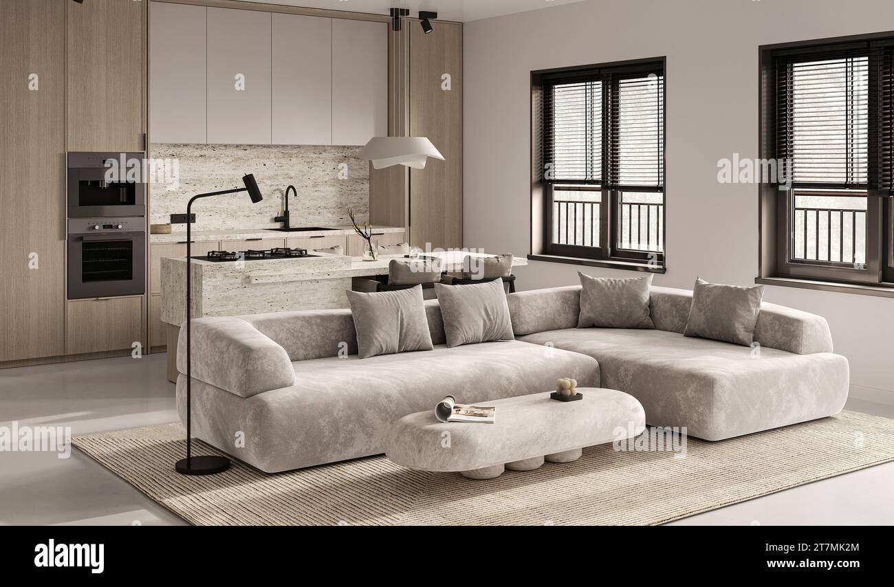 Modern open-plan living with Integrated kitchen space Stock Photo - Alamy