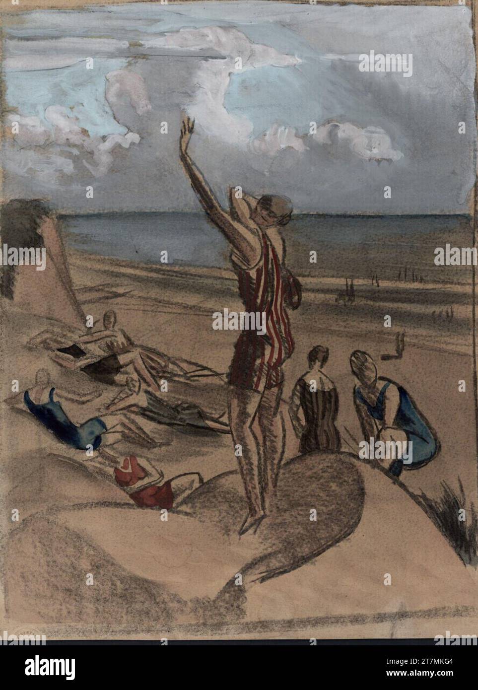 Otto Lendecke Am Strand. Black chalk, watercolor, deck white laved ...