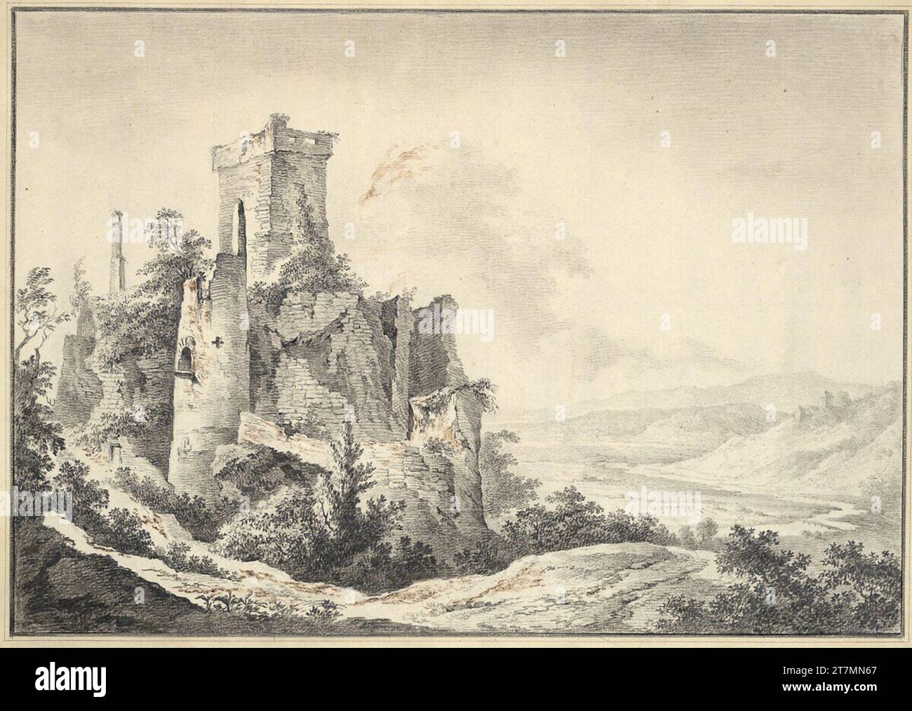 Franz Schütz Castle ruins Rötteln in the former Margravia. Black chalk ...