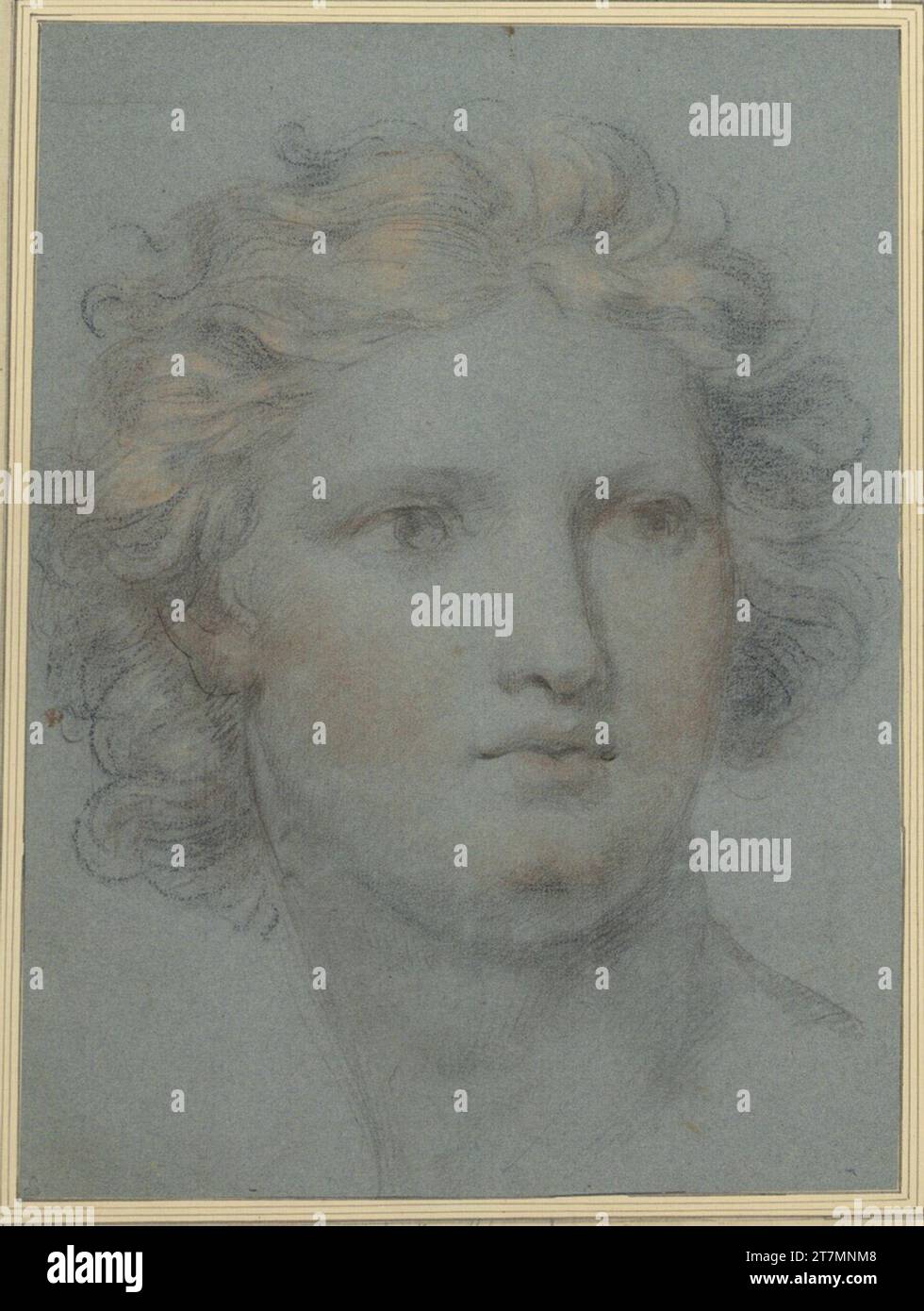 Josef Abel Head study to Raphael. Black stone chalk, roar wiped on blue ...