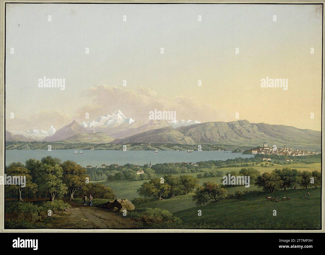 Johann Heinrich Bleuler View of the city and Lake Geneve. Gouache paint ...